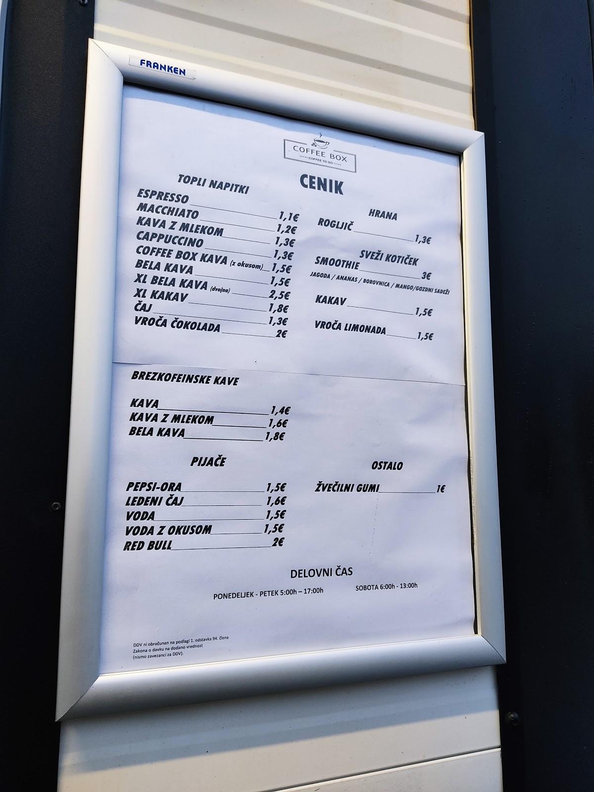 Menu at Coffee box Žemil Šiljević s.p. pub & bar, Logatec