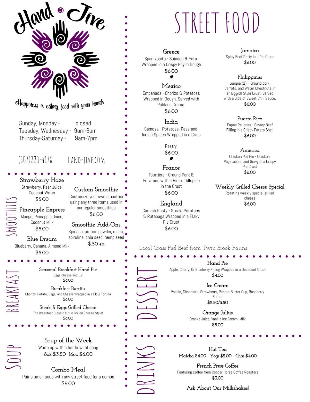 Menu at Hand Jive restaurant, Owego
