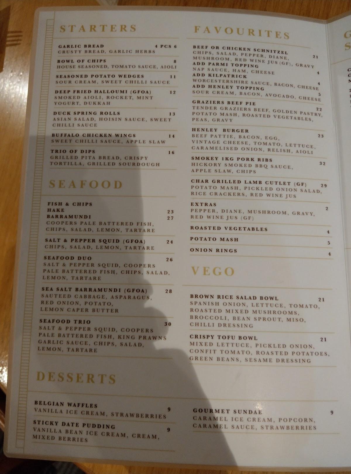 Menu at Henley Beach Hotel pub & bar, Henley Beach, 157 Esplanade