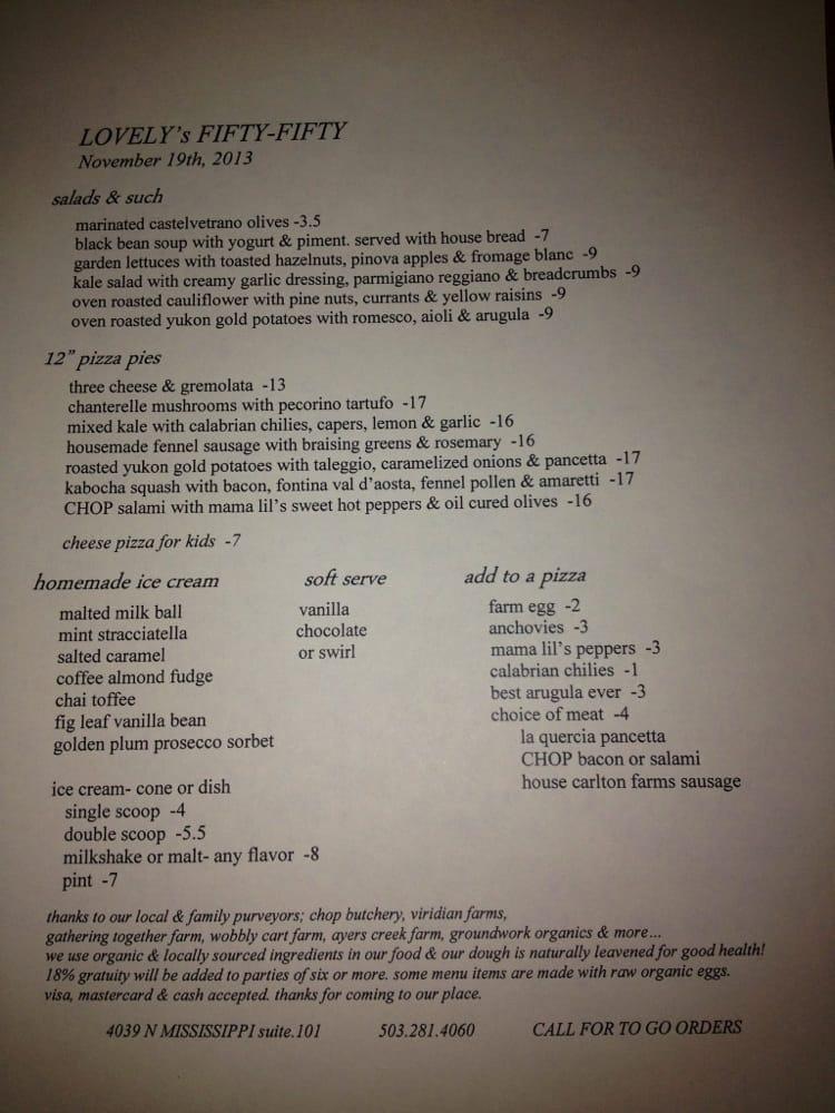 Menu at Lovely's Fifty Fifty pizzeria, Portland