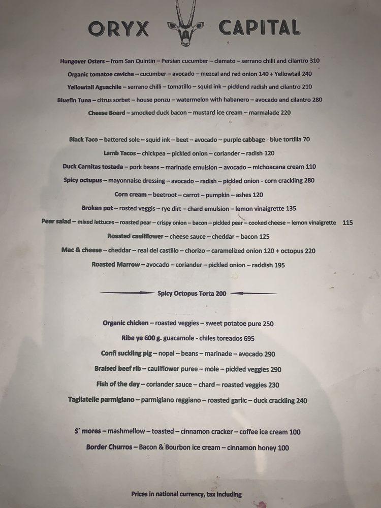 Menu at Oryx Restaurante, Tijuana