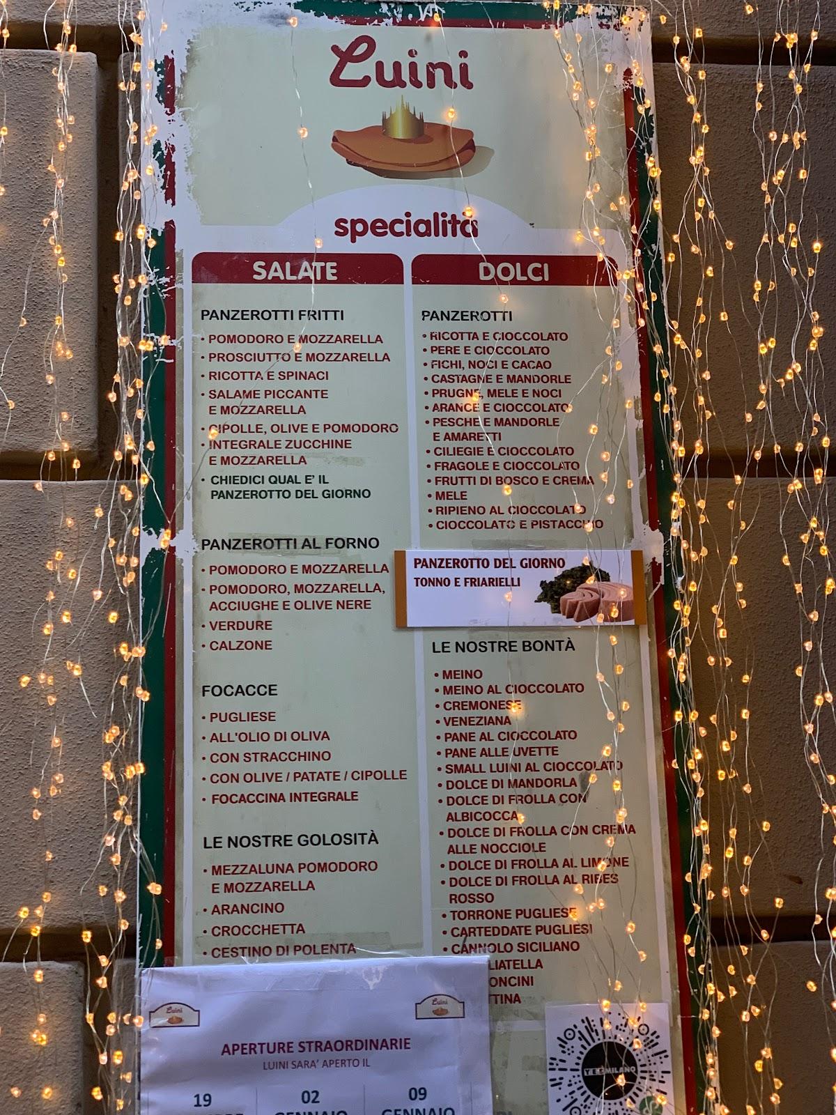 Menu at Panzerotti Luini fast food, Milan