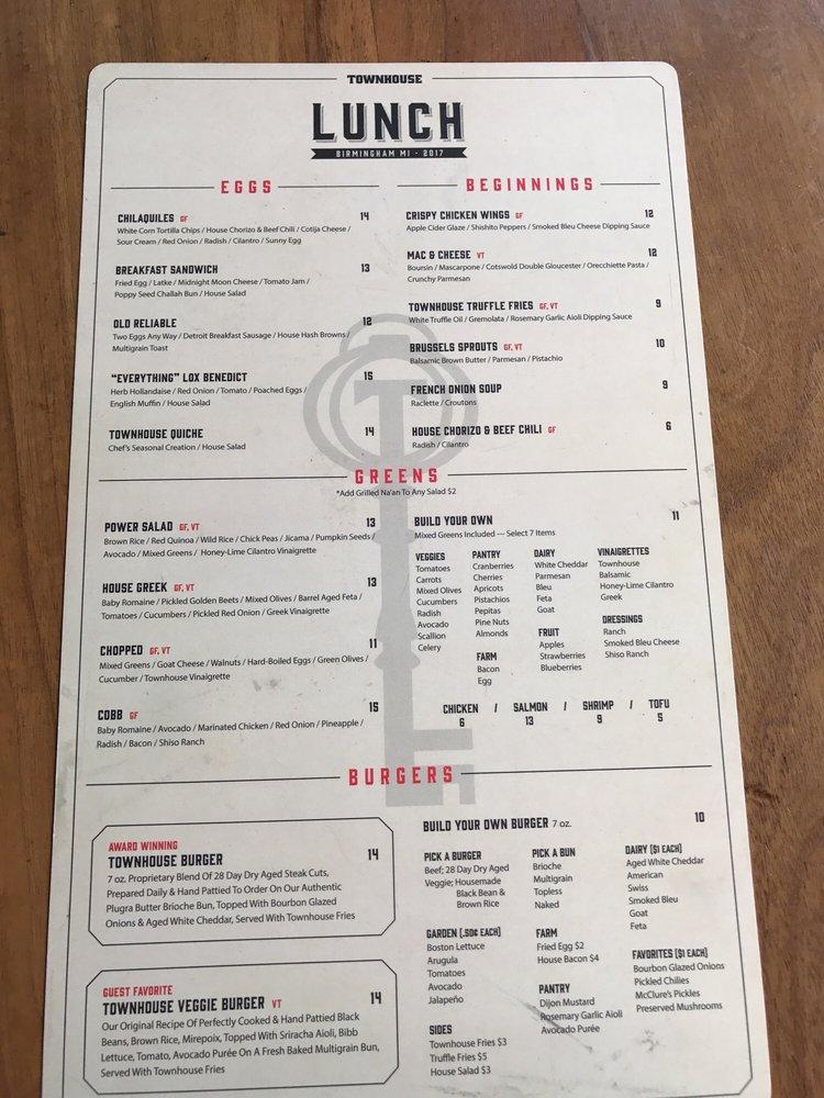 Menu at Townhouse restaurant, Birmingham, 180 Pierce St