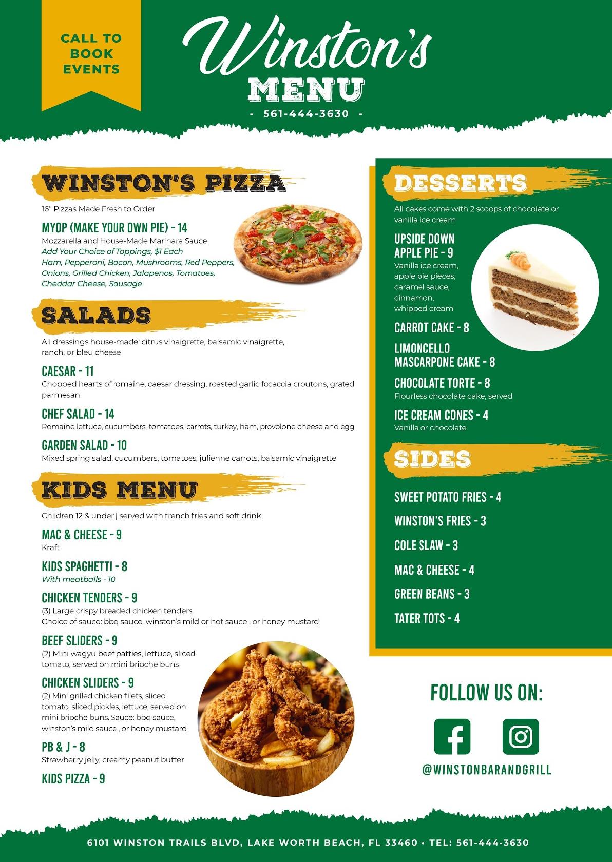 Menu at Winston's On The Green restaurant, Lake Worth Corridor