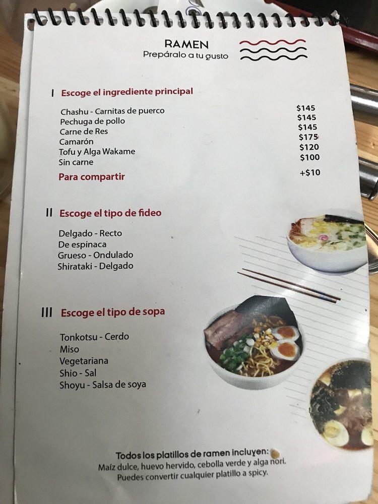 Carta del restaurante Yoshi Ramen, Tijuana