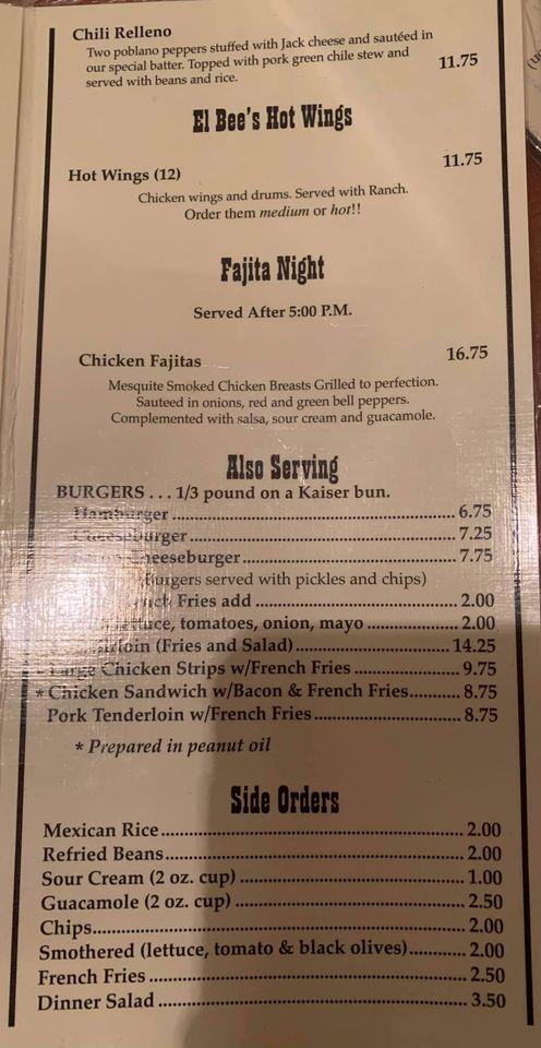 Menu at El Bee's restaurant, Waterloo, N 240th St