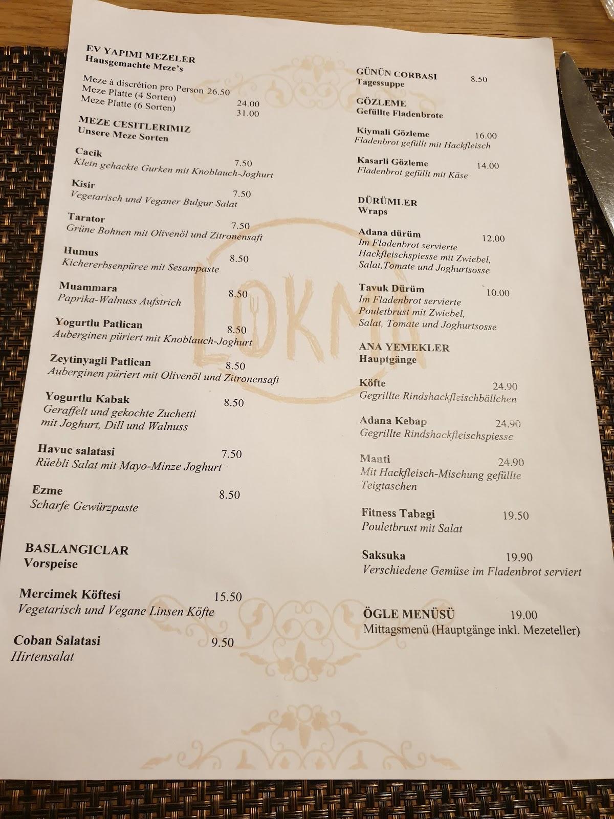 Speisekarte von Lokma, Wädenswil
