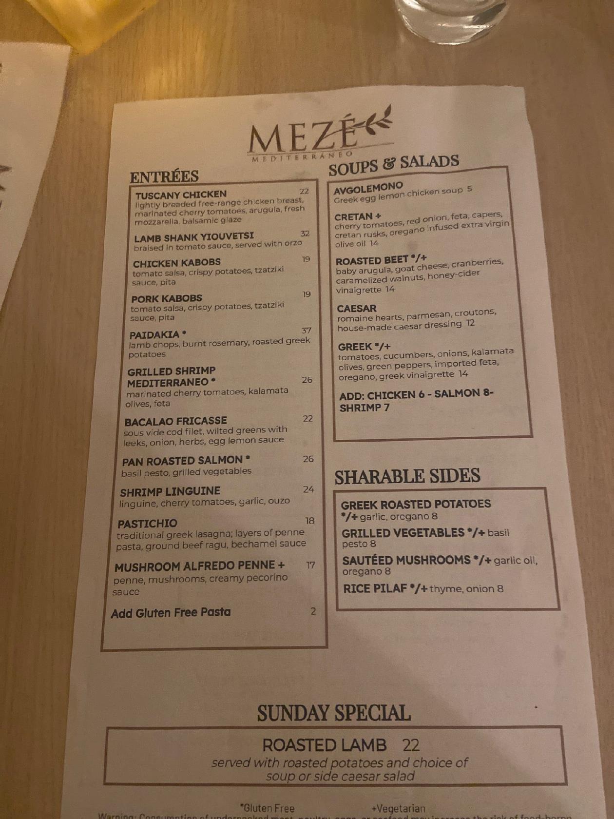 Menu at Mezé Mediterráneo pub & bar, Schaumburg