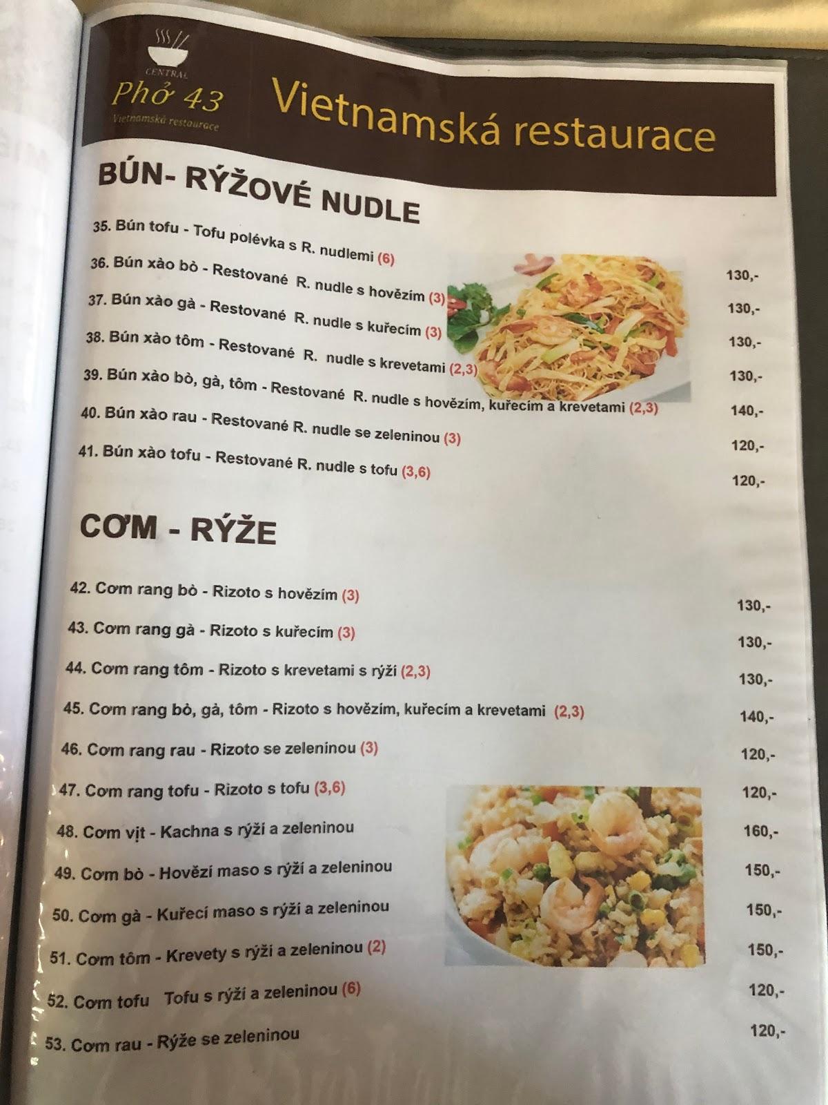 Menu at Pho 43 restaurant, Brno