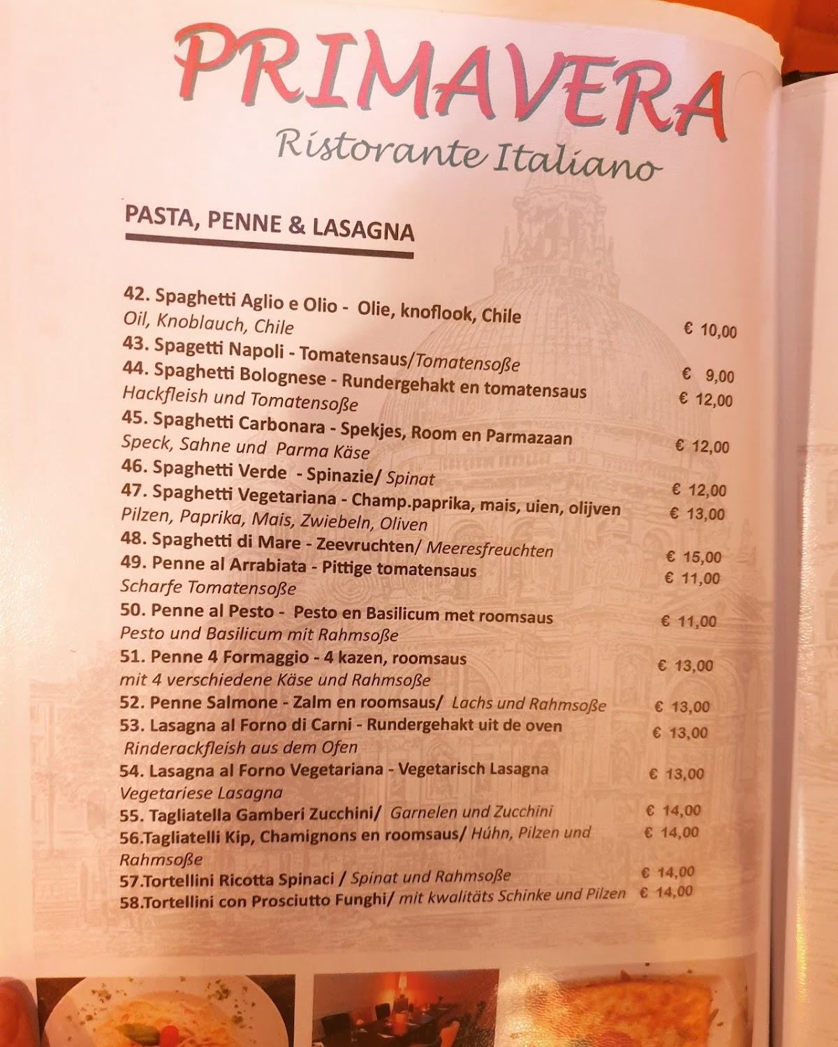 Menu at Primavera, Zandvoort