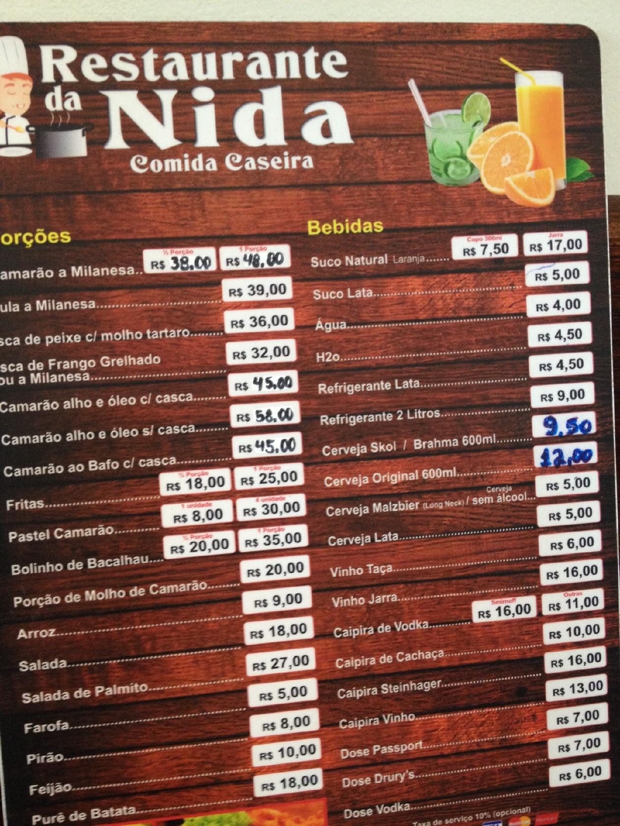 Carta de Restaurante da Nida, Florianópolis, Rod. João Gualberto Soares