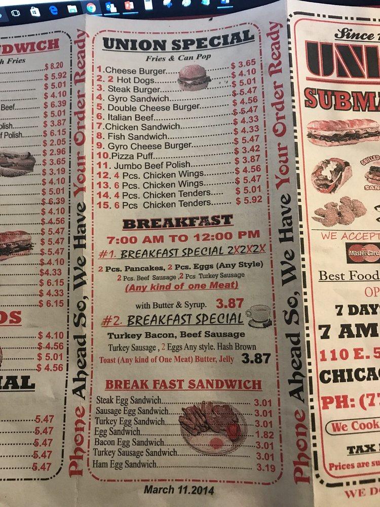 Menu at Union sub fast food, Chicago