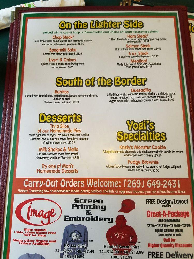 Menu at Yogi's restaurant, Vicksburg
