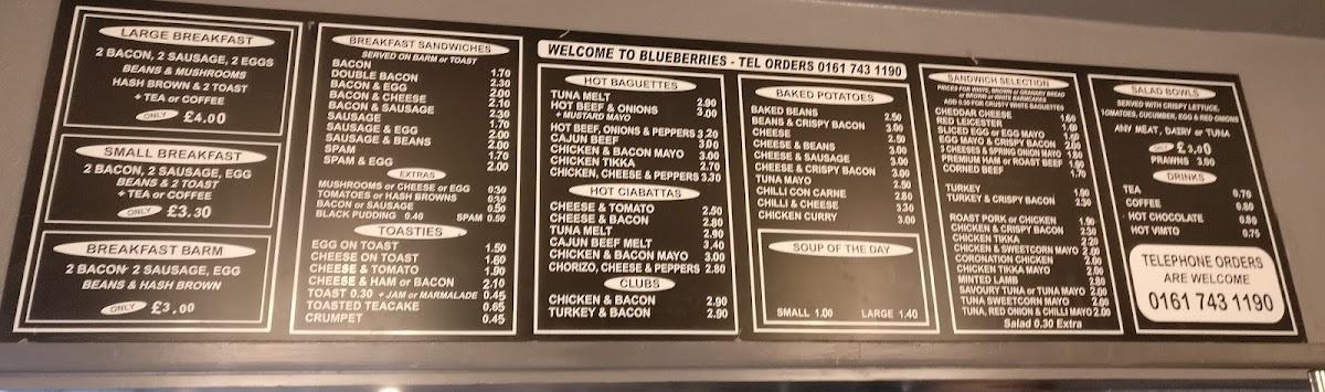 Menu at Blueberries cafe, Salford