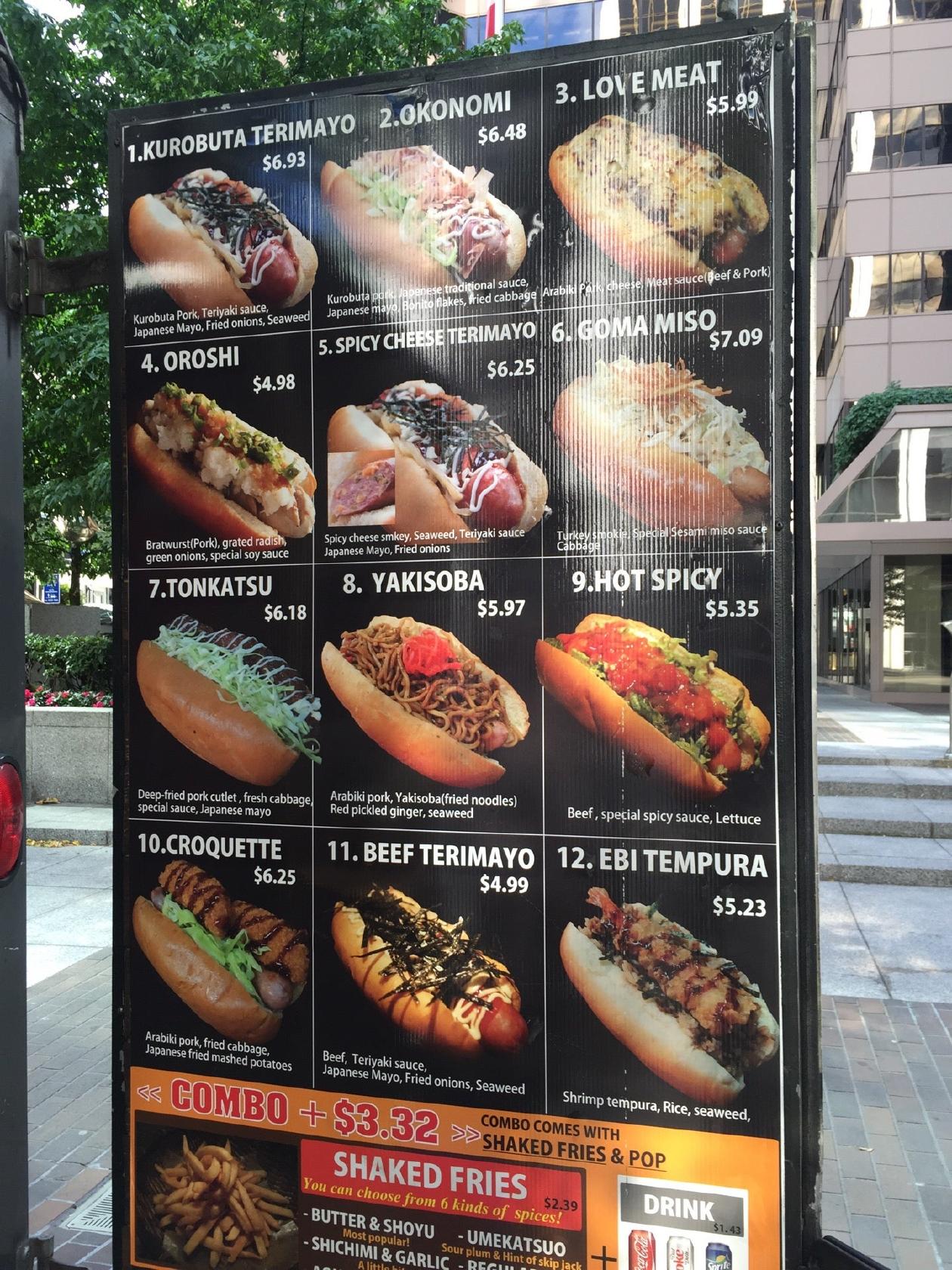 Menu at Japadog, Vancouver, 510 Burrard Street