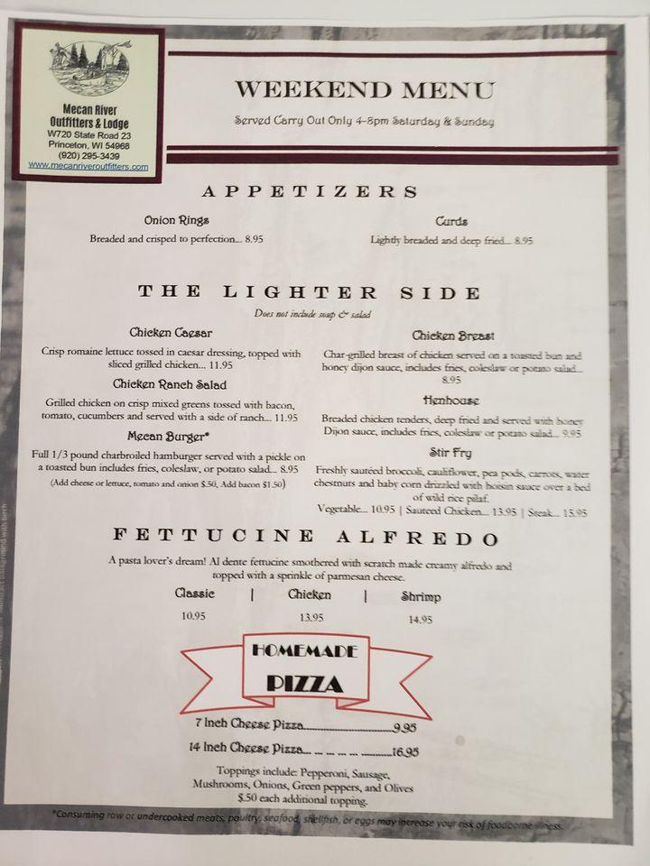 Menu at Mecan River Outfitters & Lodge restaurant, USA