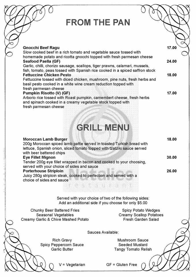Menu at Natalie's Restaurant & BAR, Mitcham