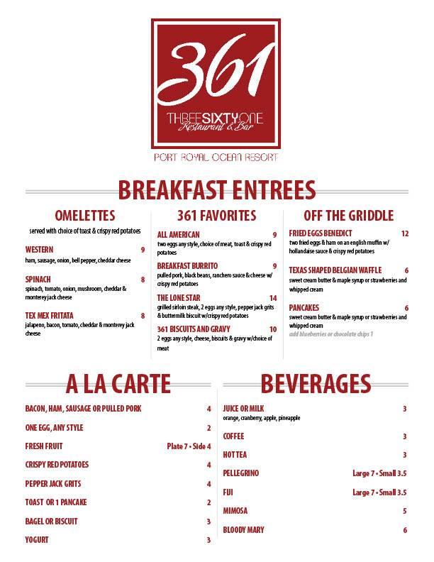 Menu at Restaurant 361 At Port Royal, Port Aransas