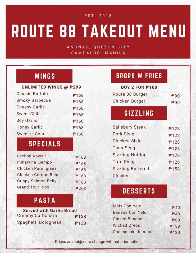 Menu at Route 88 Bike Café restaurant, Quezon City
