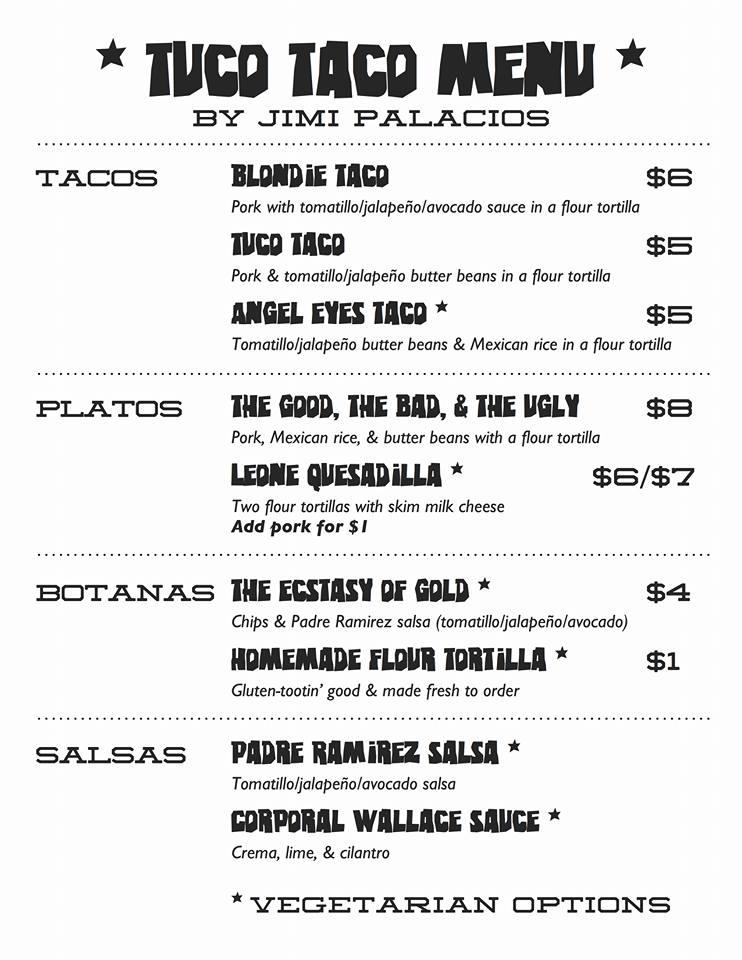Menu at Tuco Taco Tuesday restaurant, New Orleans