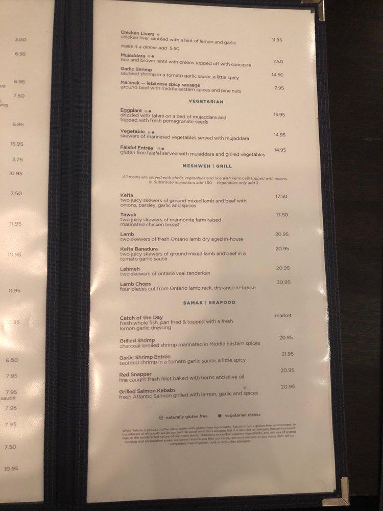 Menu at Tabule Bayview Village restaurant, Toronto, Bayview Ave