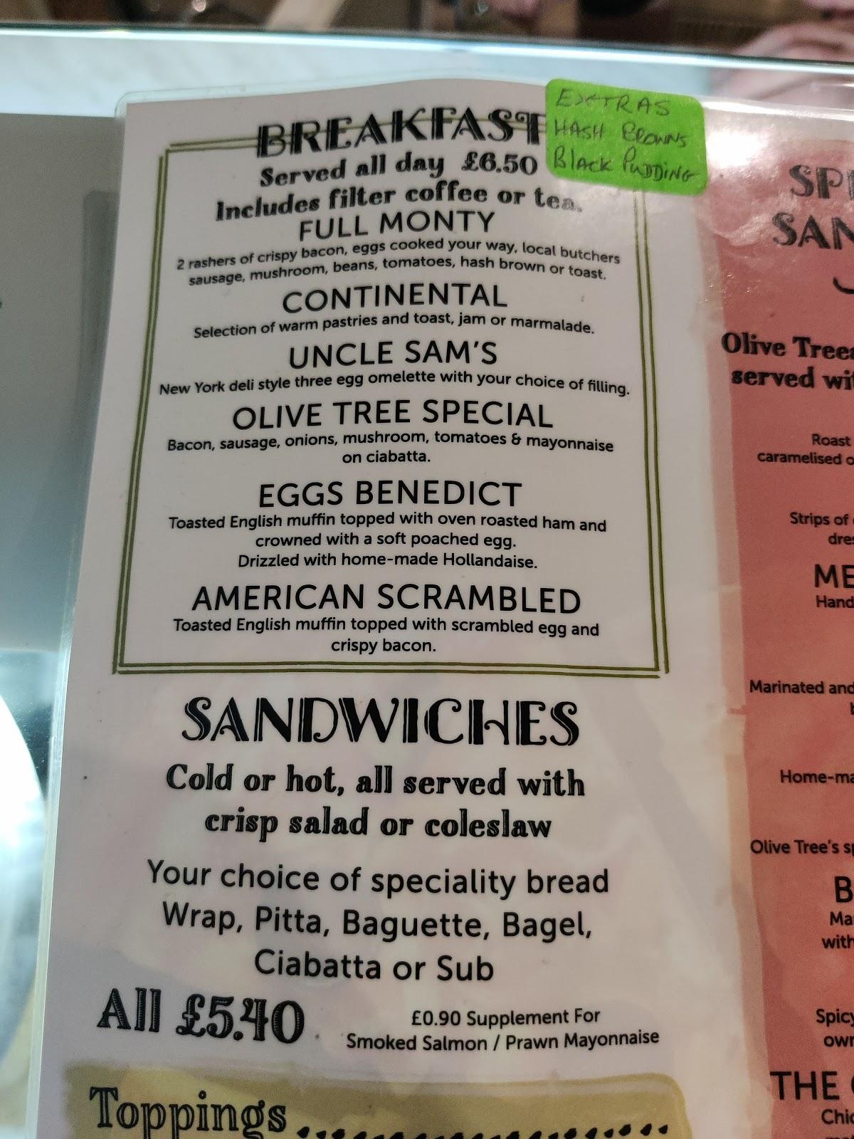 Menu at The Olive Tree cafe, Tarleton