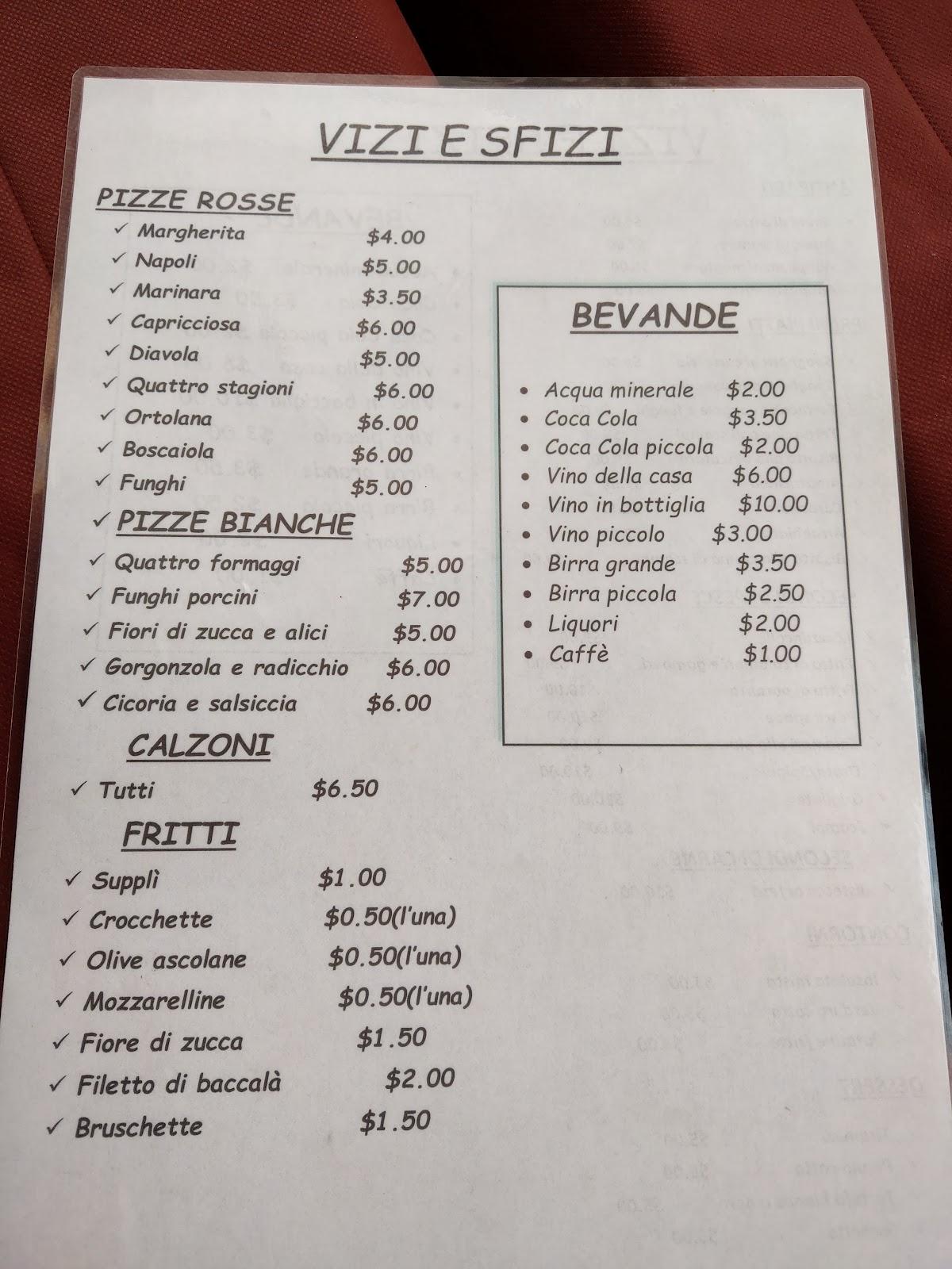 Carta del café Vizi e Sfizi, Ostia, Via Carlo del Greco