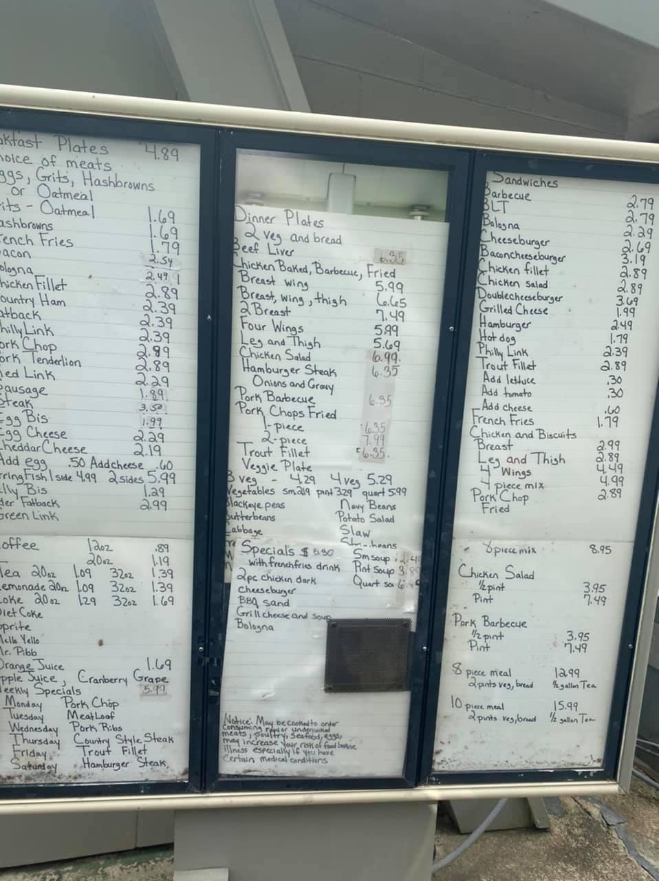 Menu at Abner's Drive In restaurant, Roanoke Rapids