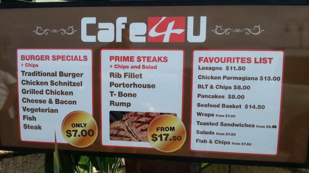 Menu at CAFE 4 U, Labrador, Unit 7/300 Marine Parade