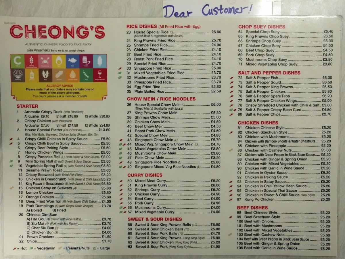 Menu at cheong's chinese takeaway fast food, St Albans