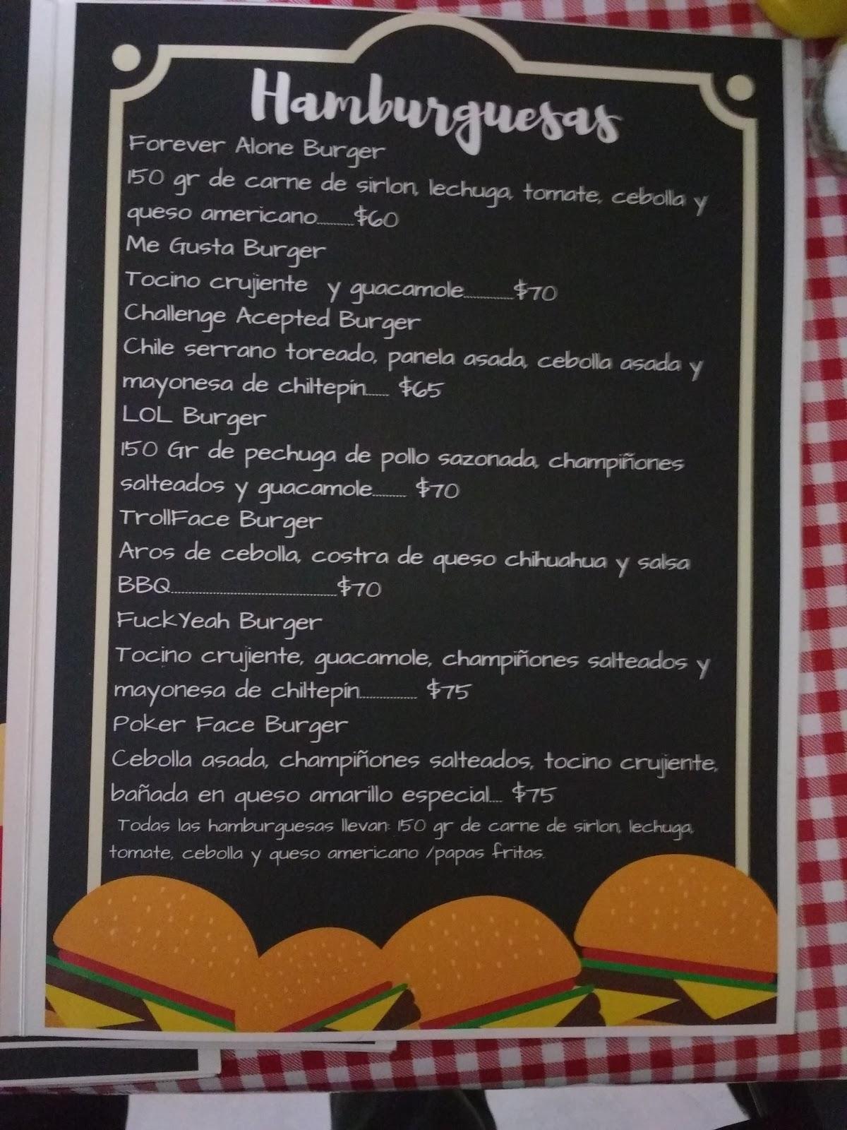 Menu at Memes Burger restaurant, Ciudad Obregón, Alcalá del Real 1936
