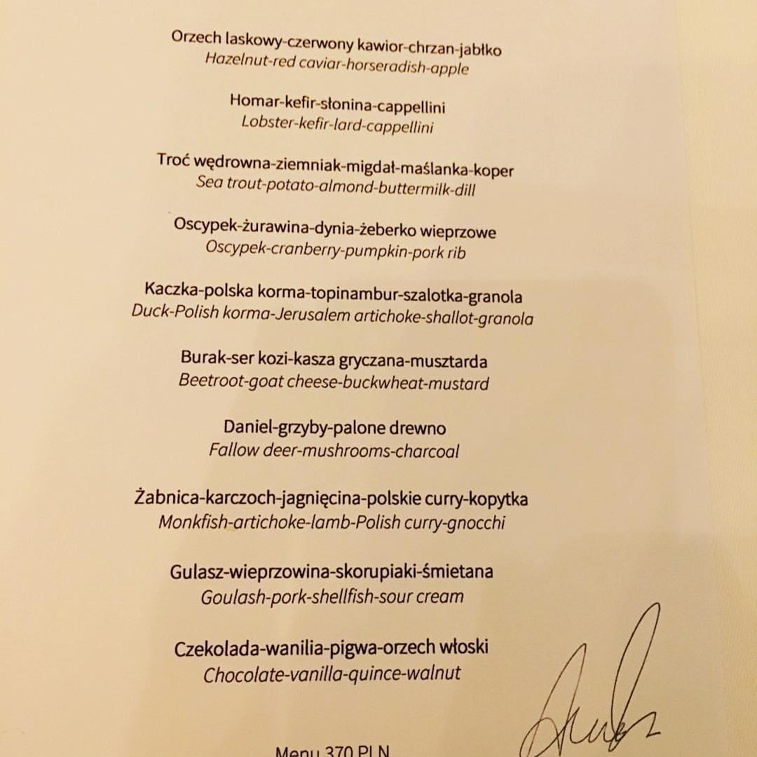 Menu at Senses restaurant, Warsaw