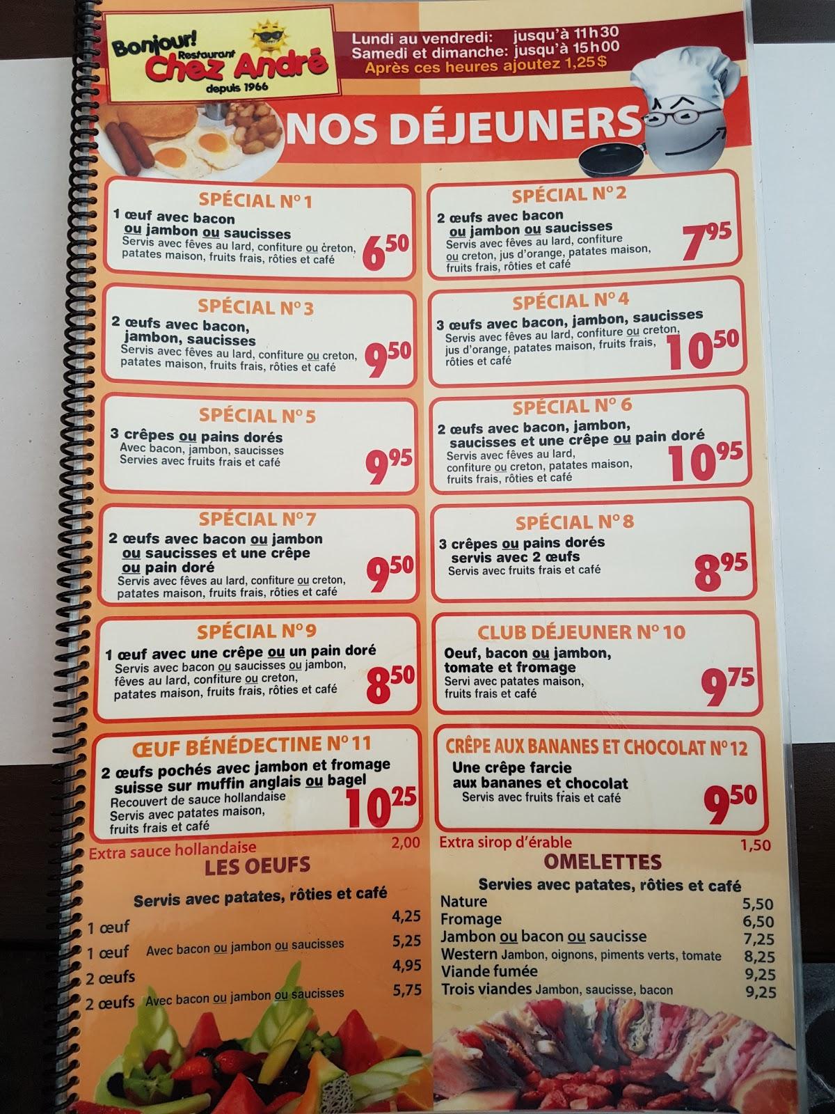 Menu au Restaurant Chez André, Longueuil
