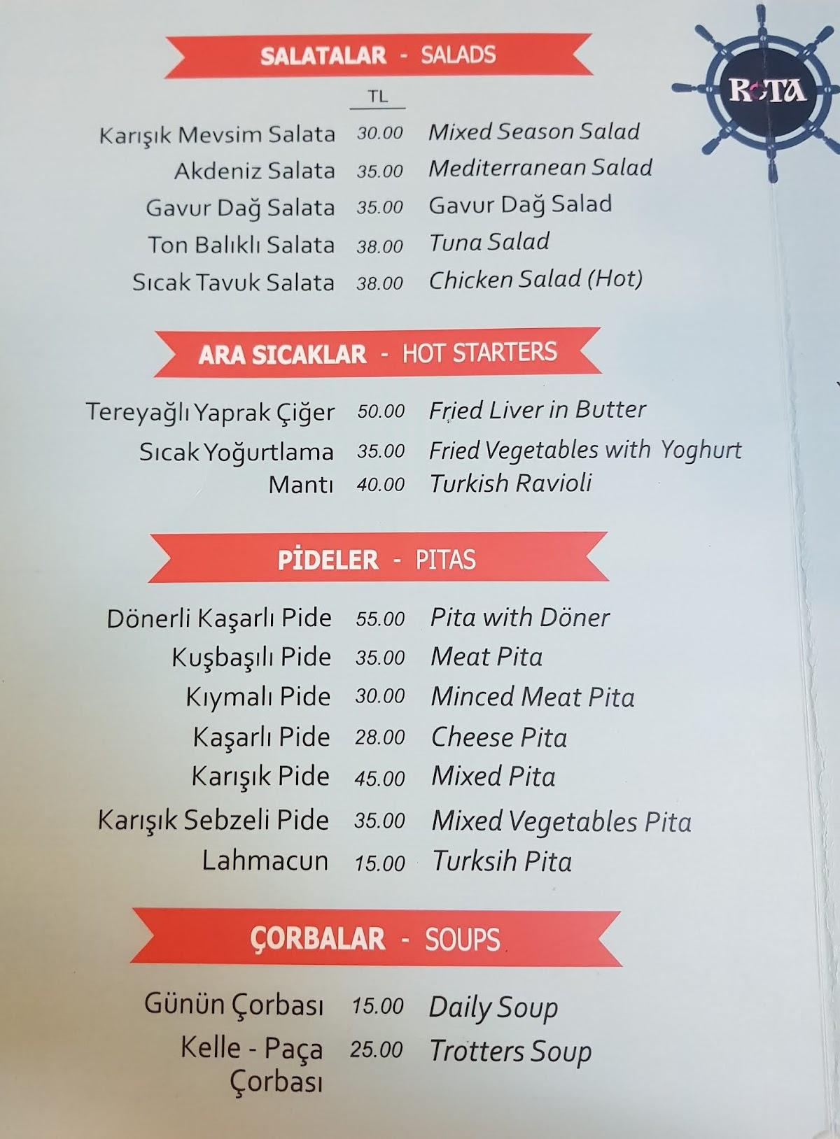 Menu at Rota Barış Usta, Marmaris, SarIana