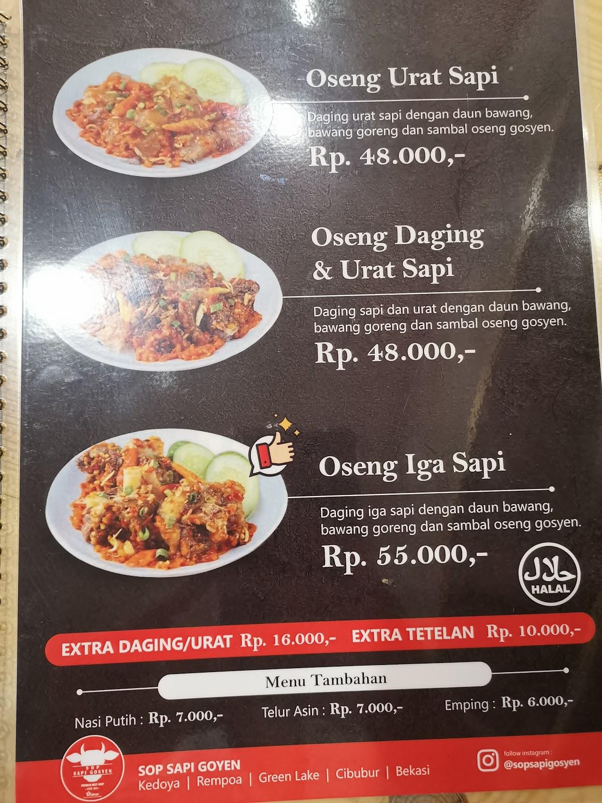 Menu at Sop Sapi Gosyen Greenlake restaurant, Tangerang