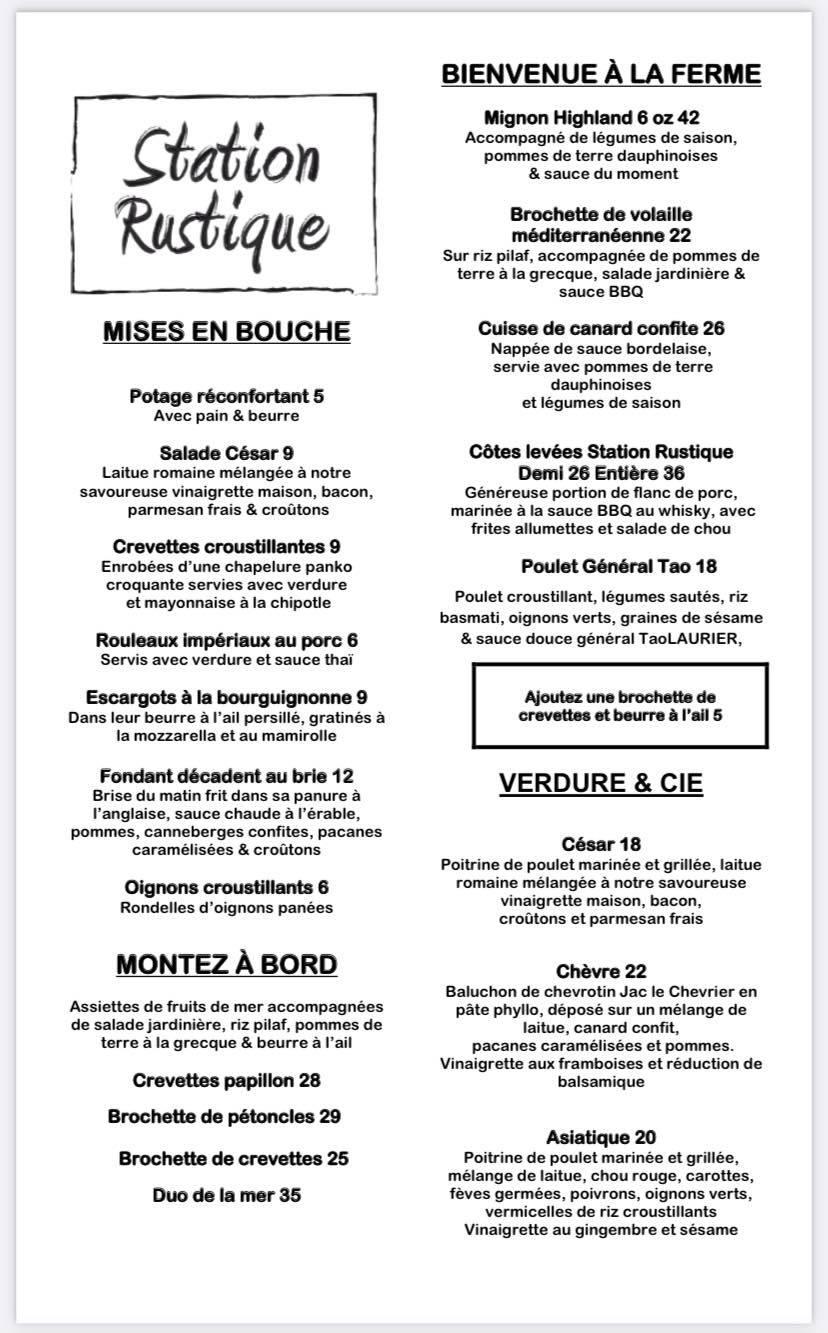 Menu au Station Rustique BBQ, Laurier-Station