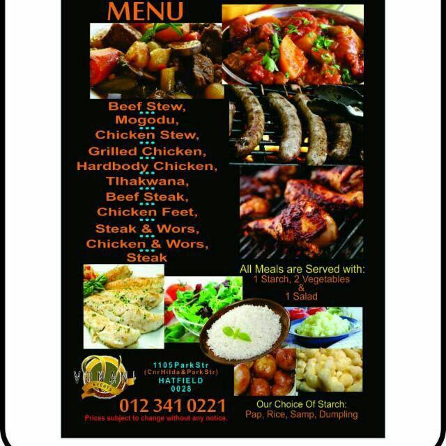 Menu at Vonani Traditional Cuisine restaurant, Pretoria