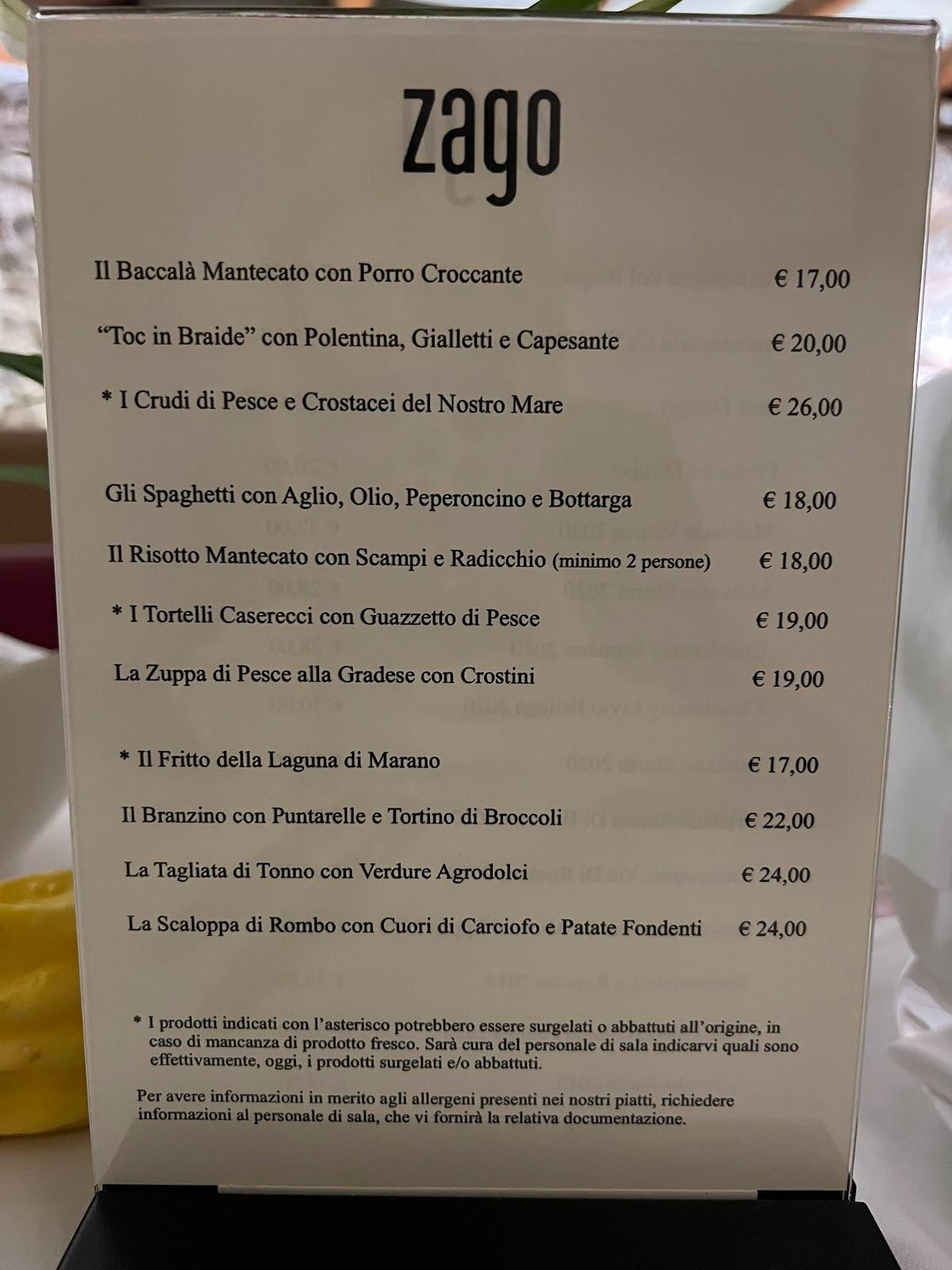 Menu da Zago ristorante, Tricesimo, Via S. Giuseppe