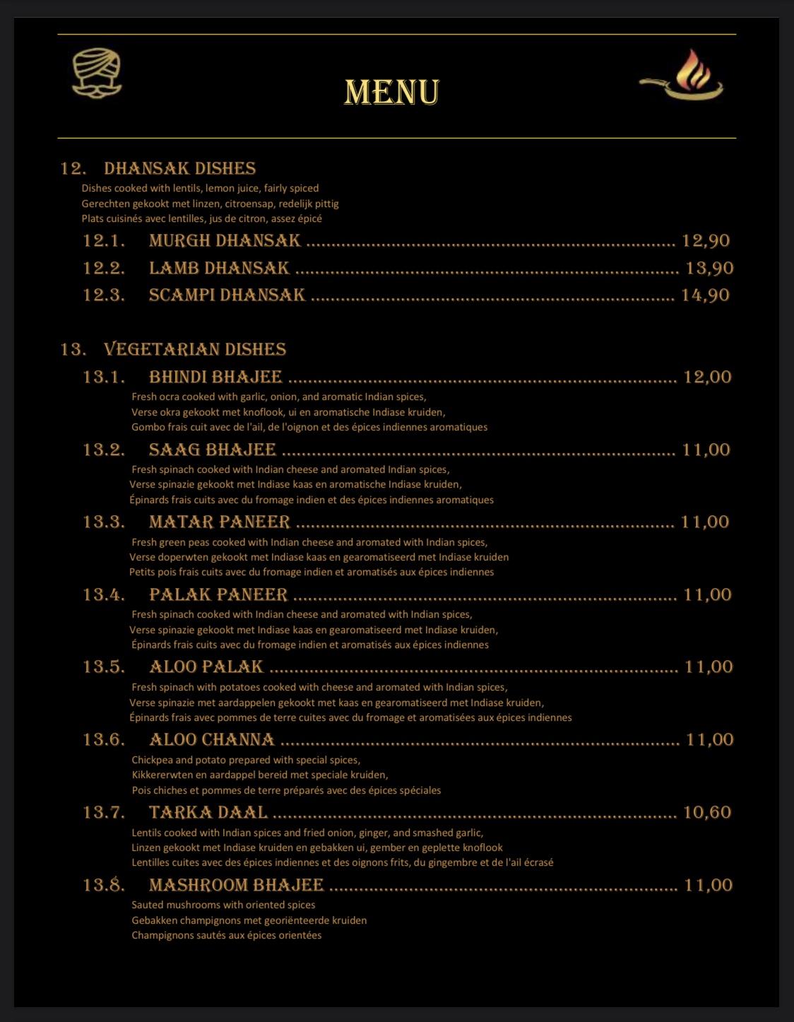 Menu at Curry Masala, Mechelen