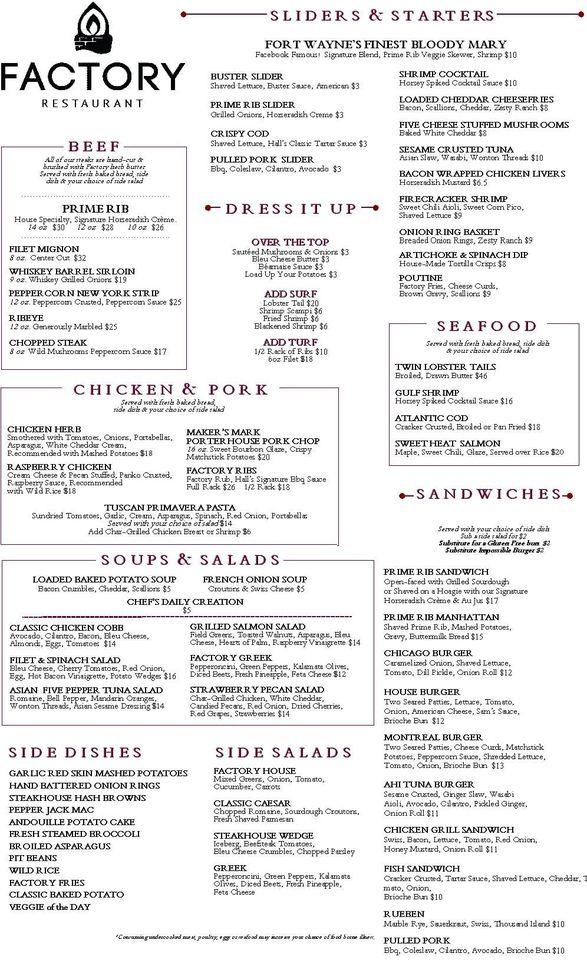 Menu at Don Hall's Factory Restaurant, Fort Wayne