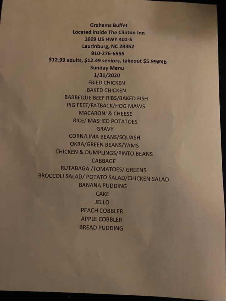 Menu at Grahams Buffet @ The Clinton Inn restaurant, Laurinburg