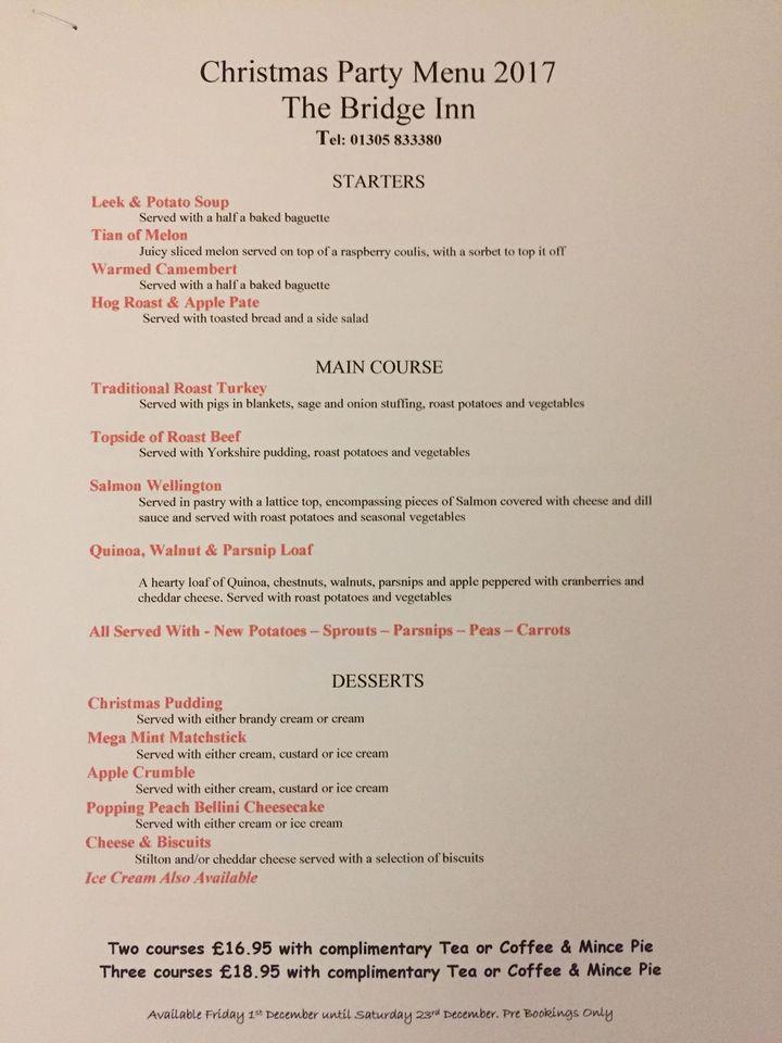 Menu at Bridge Inn pub & bar, Weymouth
