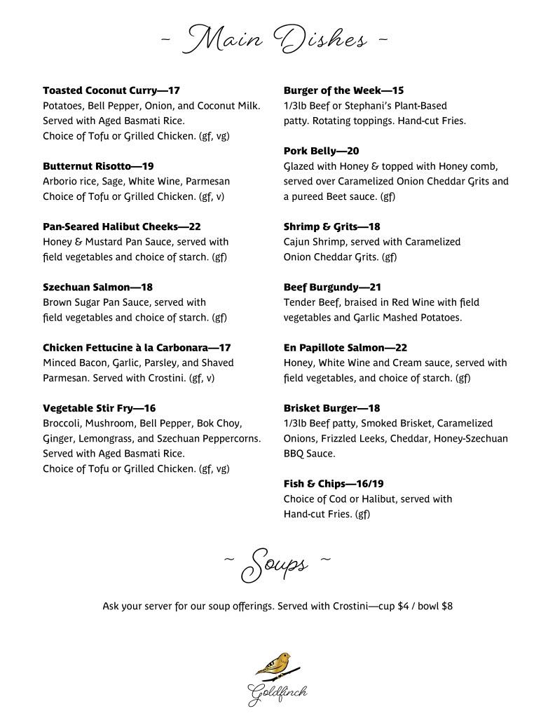 Menu at Goldfinch restaurant, Colville
