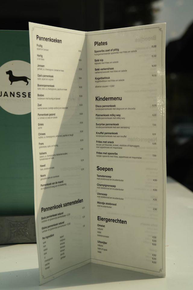 Menu at Janssen Pannenkoekenhuis, Leersum