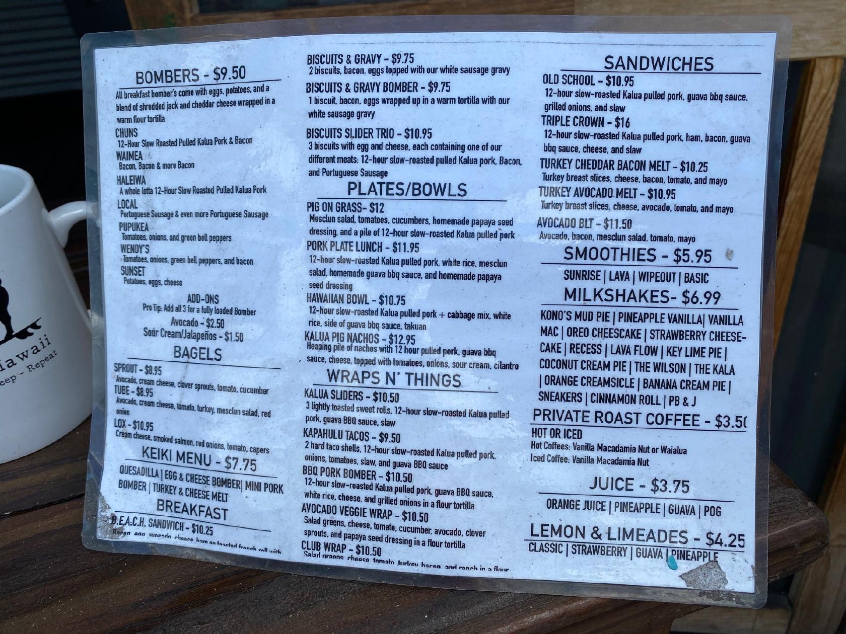 Menu at Kono's Northshore - Honolulu restaurant, Honolulu