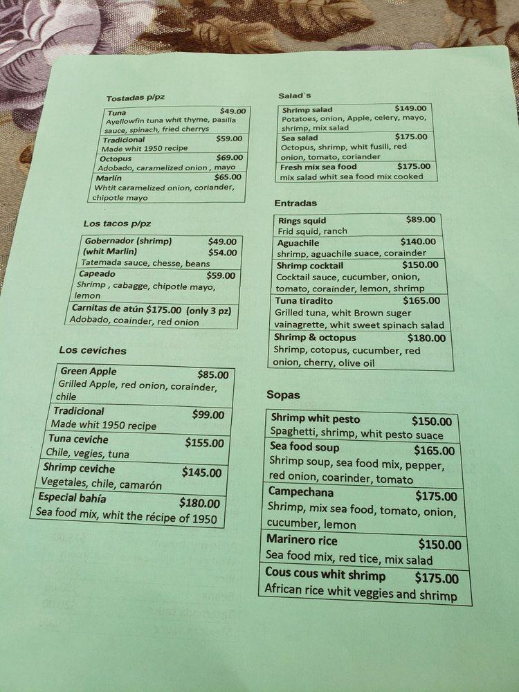 Menu at Restaurant Mariscos Bahía, Mazatlán
