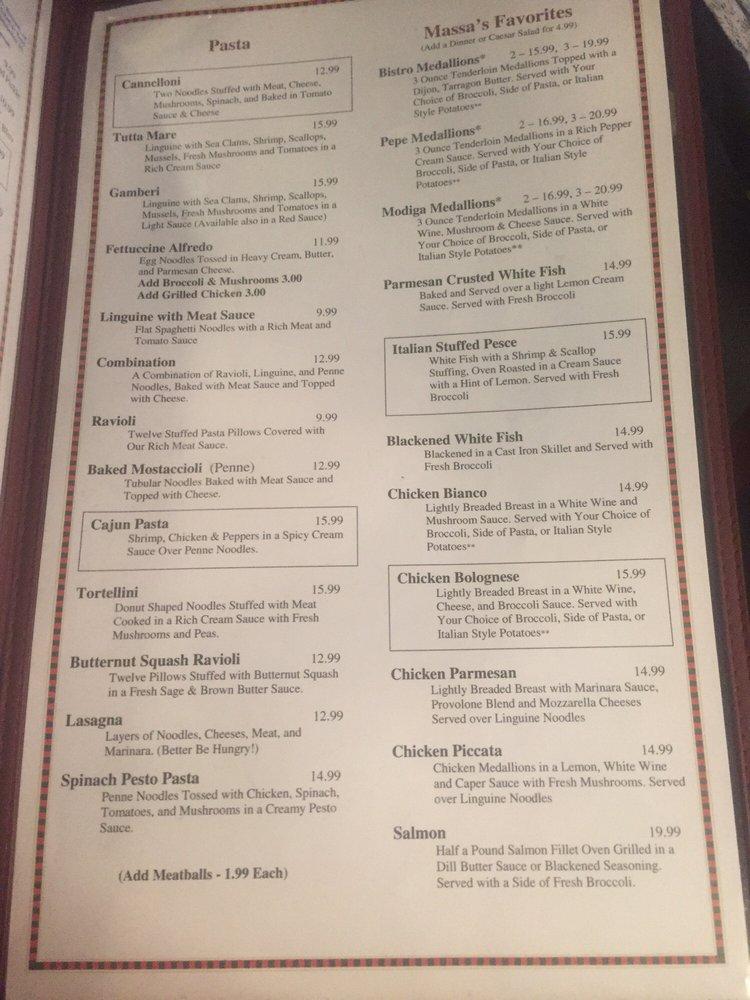 Menu at Massa's St. Charles restaurant, Saint Charles