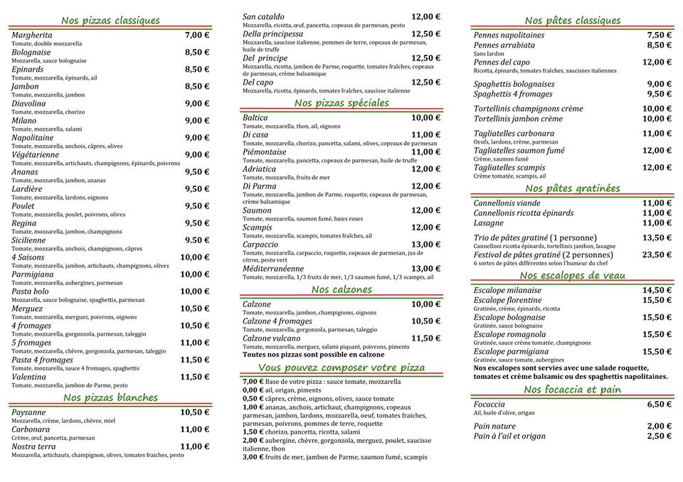 Menu at Pizza di Casa, Colfontaine