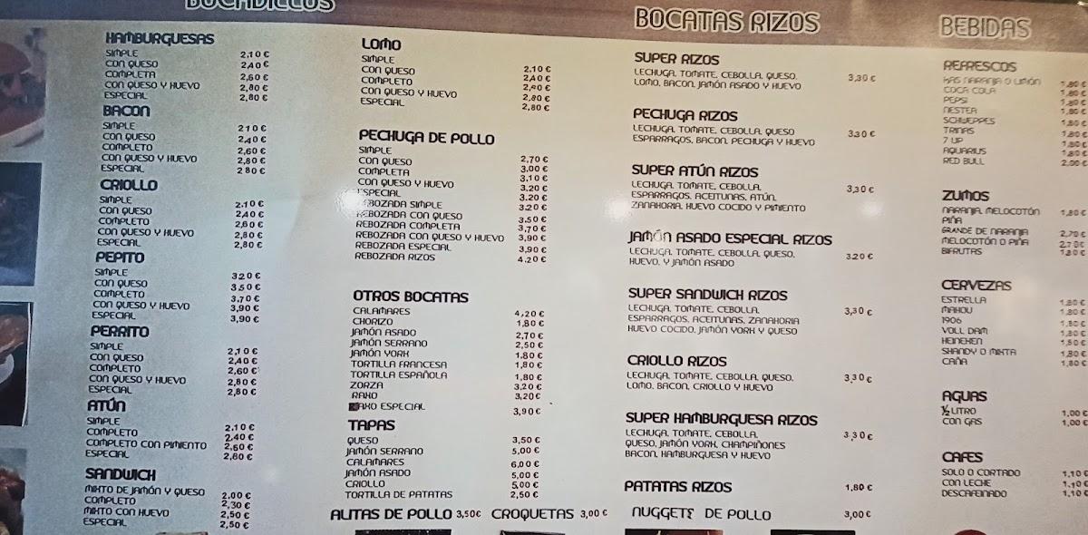 Carta de Bocatería Rizos, Pontevedra