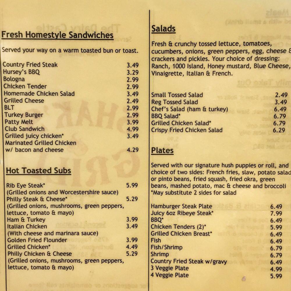 Menu at Shak's grill restaurant, Elon, NC-87